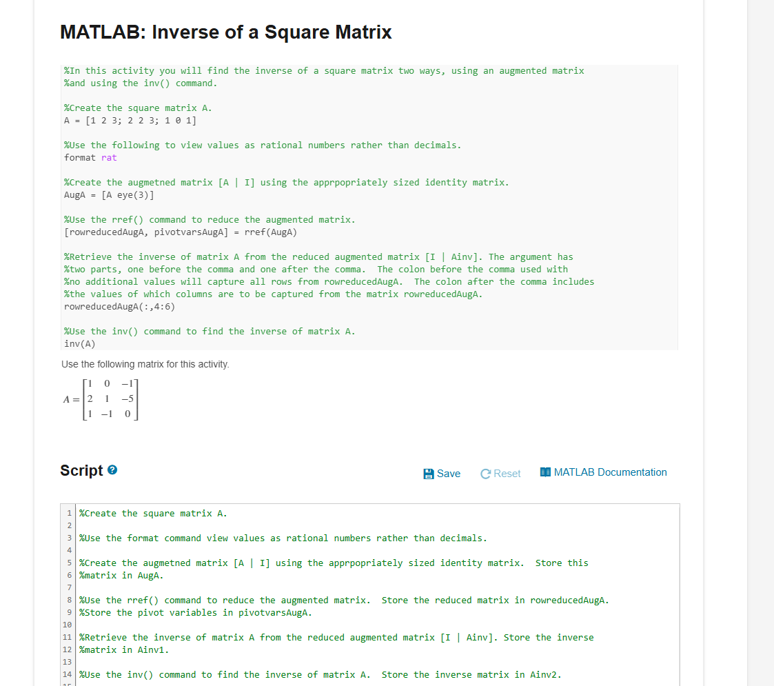 Solved MATLAB: Inverse of a Square Matrix```%In this | Chegg.com