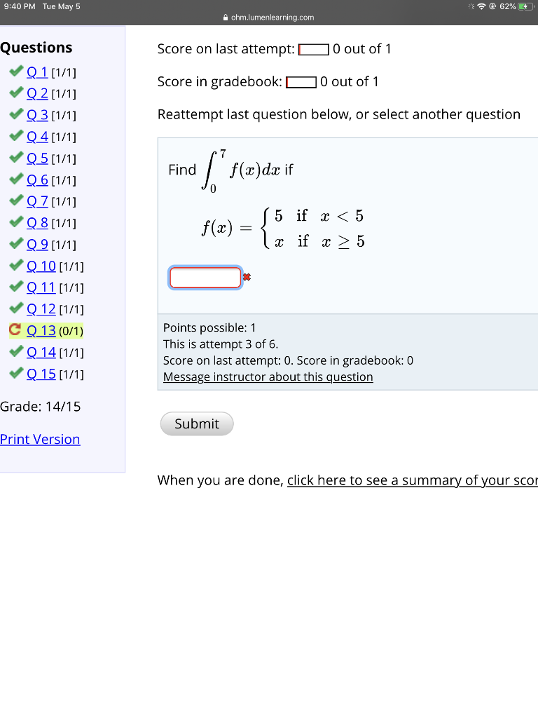 Solved 9:40 PM Tue May 5 62% ohm.lumenlearning.com Score on | Chegg.com