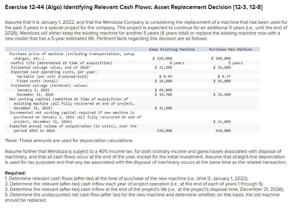 Solved Exercise 12-44 (Algo) Identifying Relevant Cash | Chegg.com