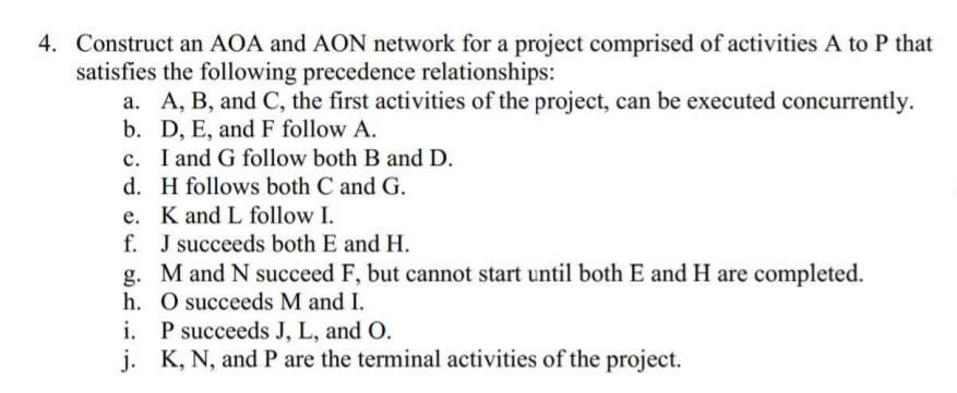 Solved 4. Construct an AOA and AON network for a project | Chegg.com