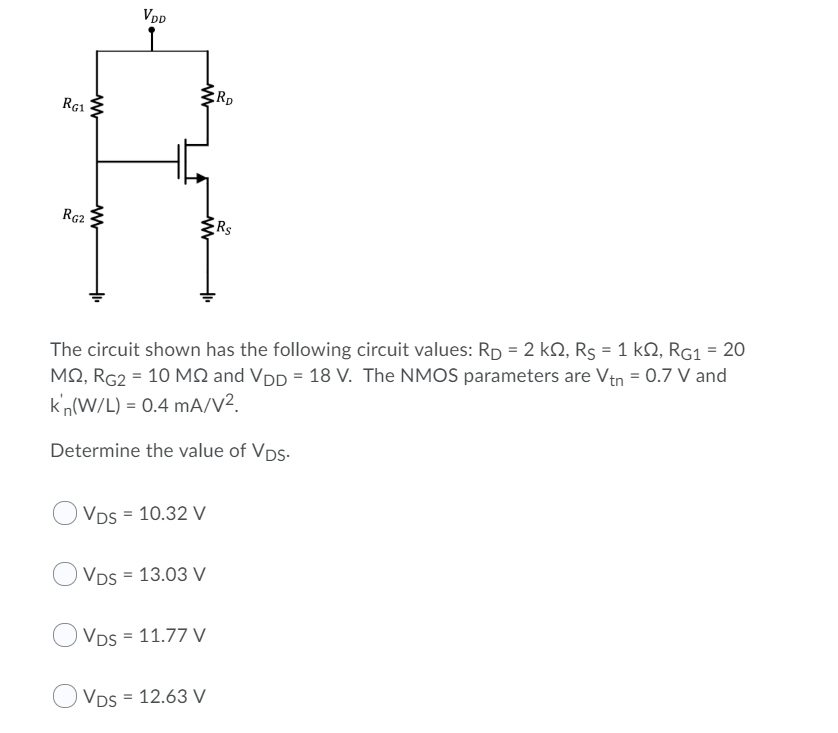 Solved VDD Rp RG1 RG2 Rs The circuit shown has the following | Chegg.com