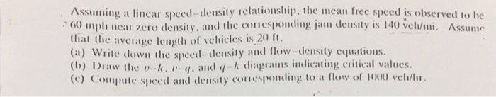 Solved Assuming a linear speed-density relationship. The | Chegg.com