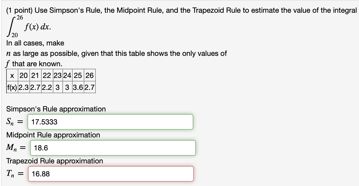 Solved (1 point) Use Simpson's Rule, the Midpoint Rule, and | Chegg.com