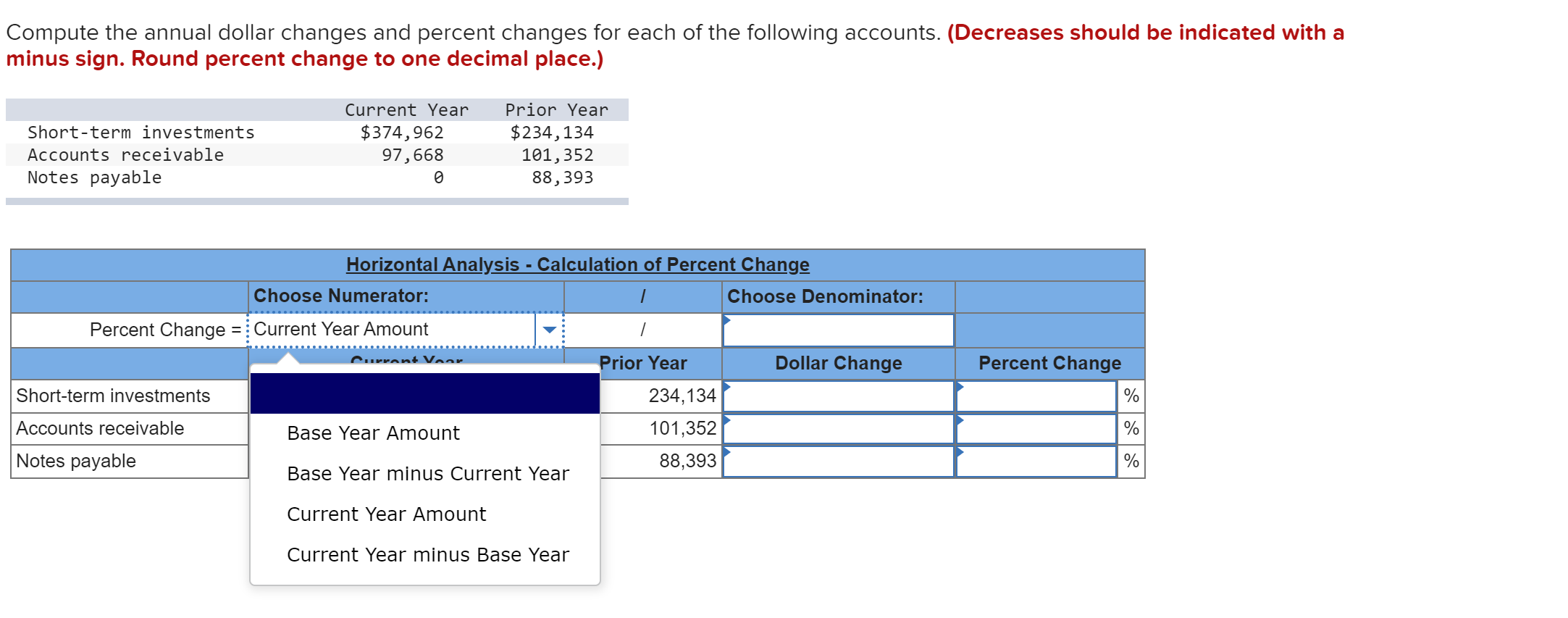 Solved Compute the annual dollar changes and percent changes | Chegg.com