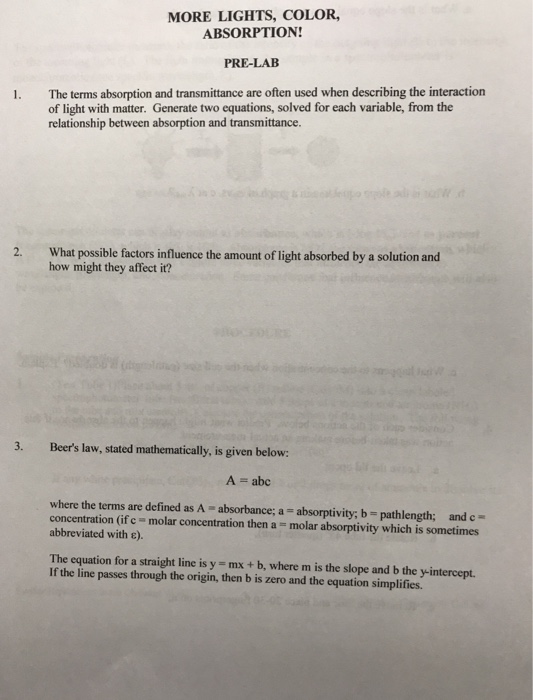 Solved MORE LIGHTS, COLOR, ABSORPTION! PRE-LAB The terms | Chegg.com
