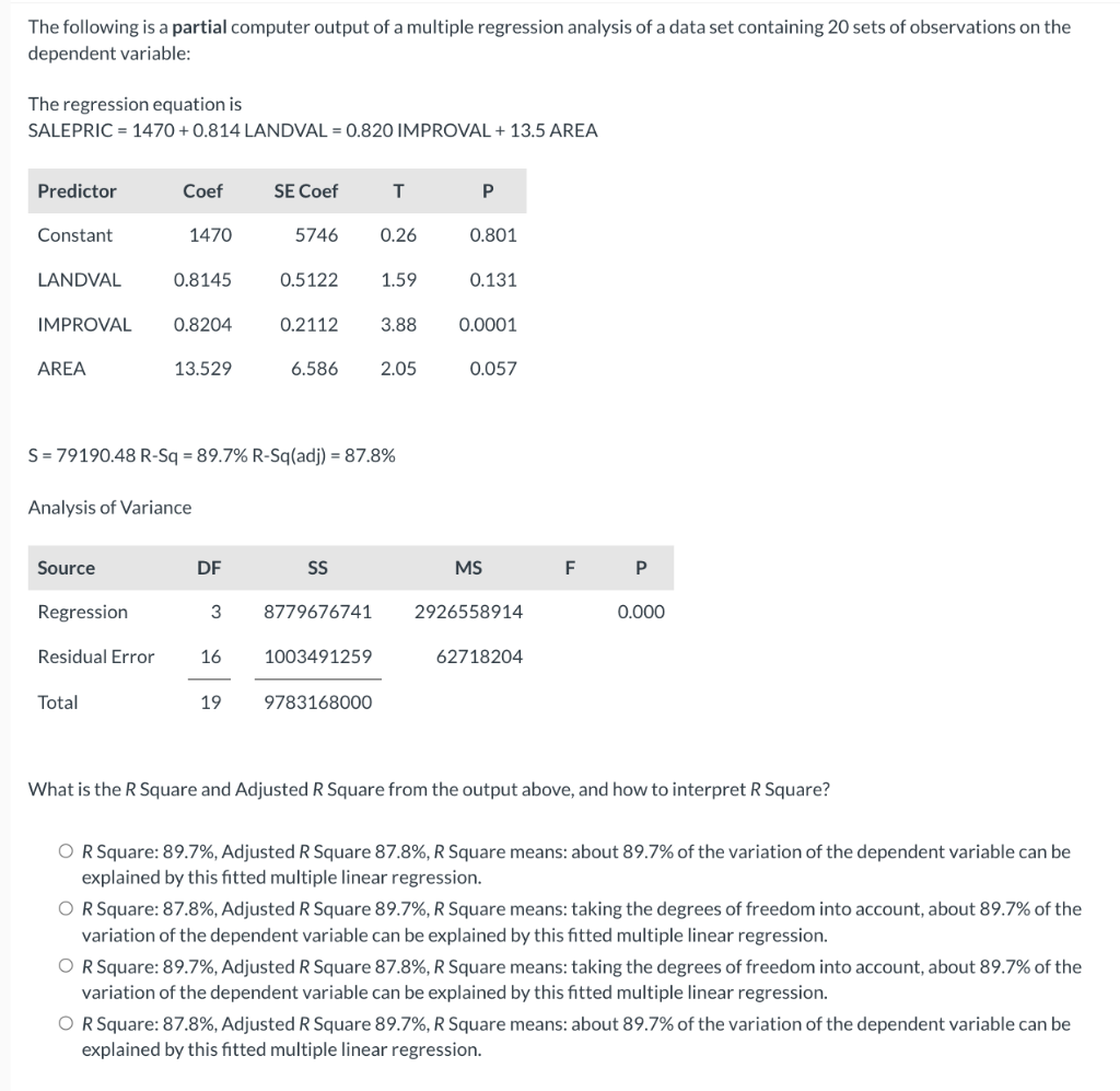 Solved The following is a partial computer output of a | Chegg.com