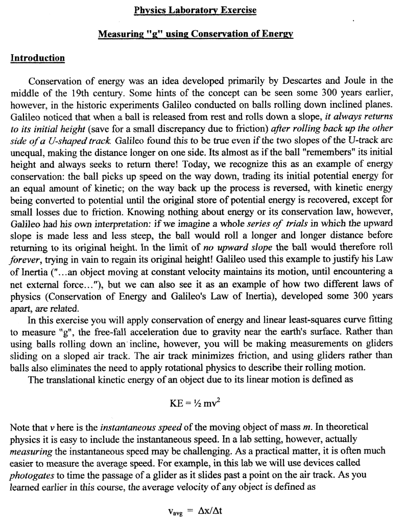 Solved Physics Laboratory Exercise Measuring "g" using | Chegg.com