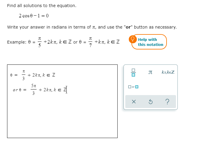Solved Find all solutions to the equation. 2 cos 0 -1 = 0 | Chegg.com