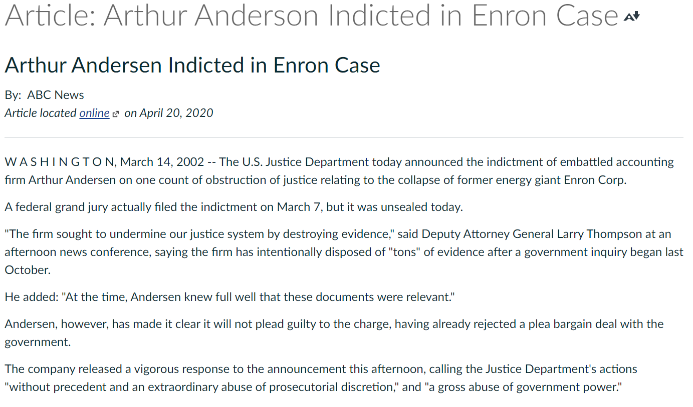 Article: Arthur Anderson Indicted in Enron Case at | Chegg.com
