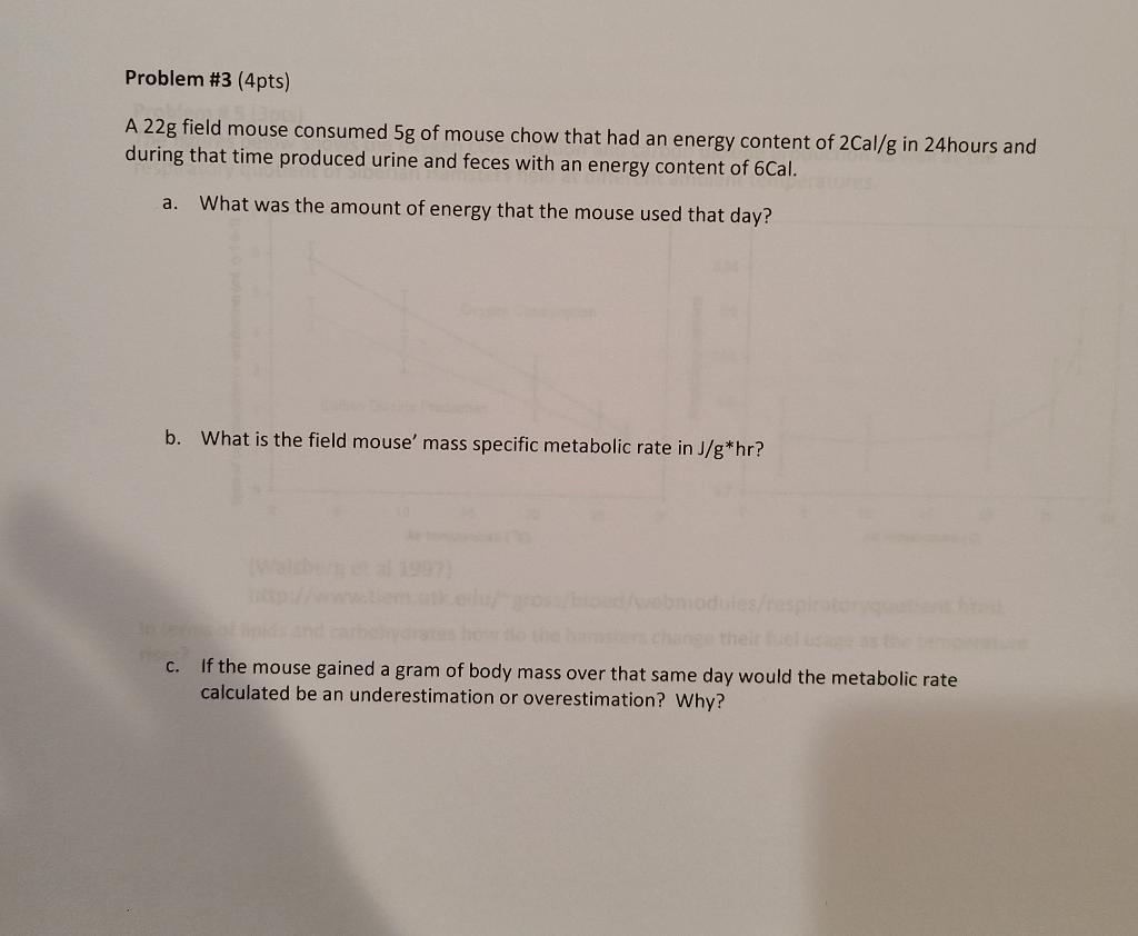 Solved Problem #3 (4pts) A 22g field mouse consumed 5g of | Chegg.com