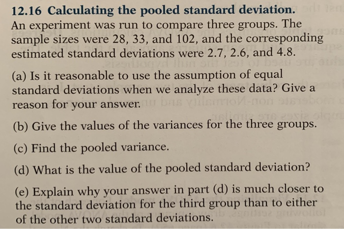 Solved 12.16 Calculating the pooled standard deviation. An | Chegg.com