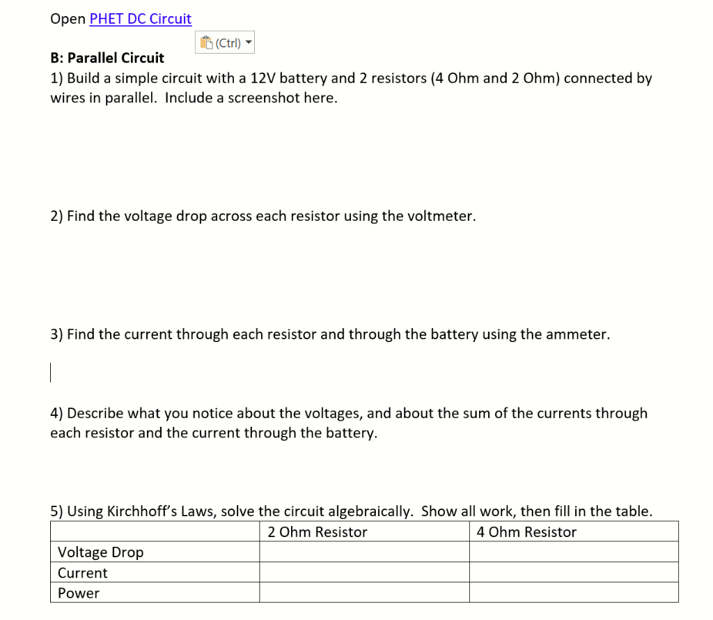 Solved Open PHET DC Circuit (Ctrl) B: Parallel Circuit 1) | Chegg.com