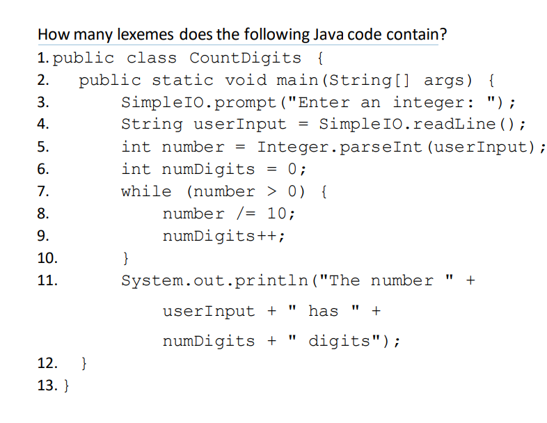 Solved How many lexemes does the following Java code | Chegg.com