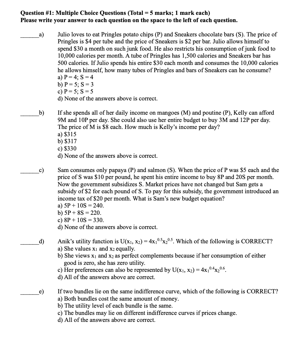 Solved Question #1: Multiple Choice Questions (Total = 5 | Chegg.com