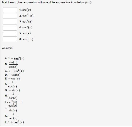 Solved Match each given expression with one of the | Chegg.com