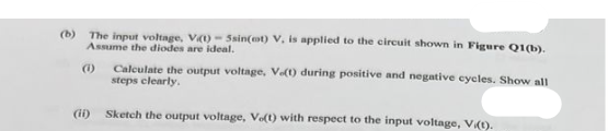 Solved (b) The input voltage, V(t)−5sin(ωt)V, is applied to | Chegg.com