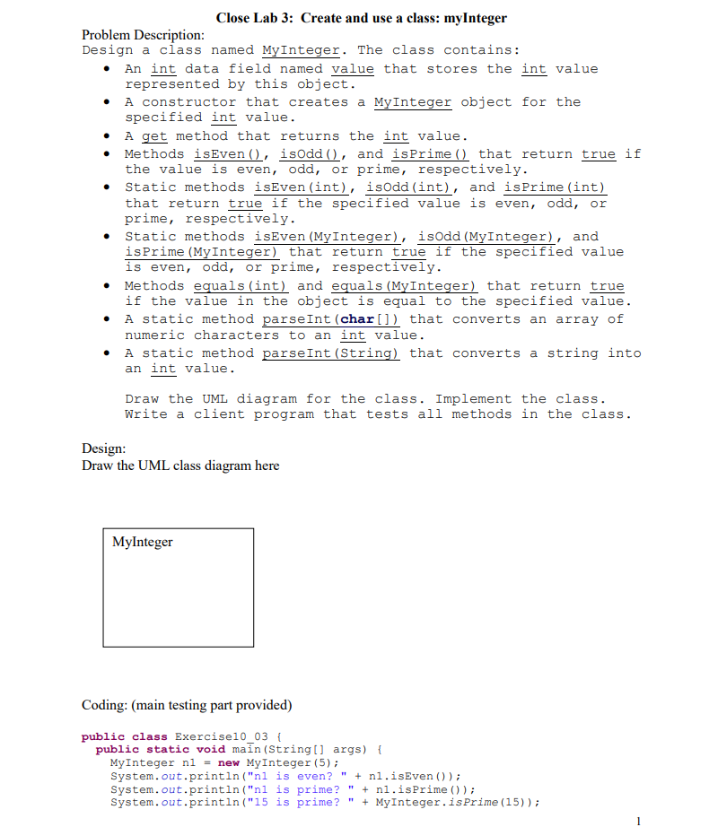 Solved . . Close Lab 3: Create and use a class: myInteger | Chegg.com