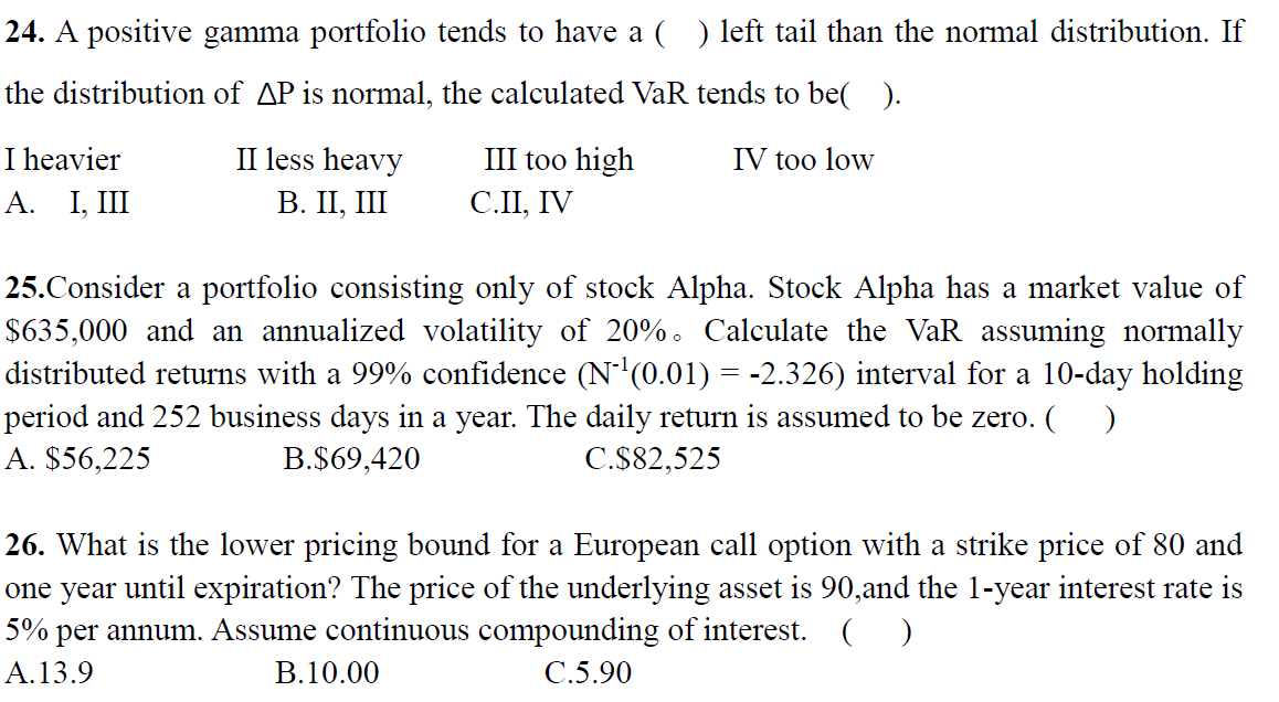 Solved 24. A positive gamma portfolio tends to have a ( ) | Chegg.com