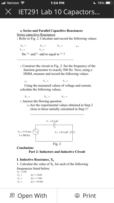 Solved Verizon 1:24 PM IET291 Lab 10 Capactors IET 291 | Chegg.com