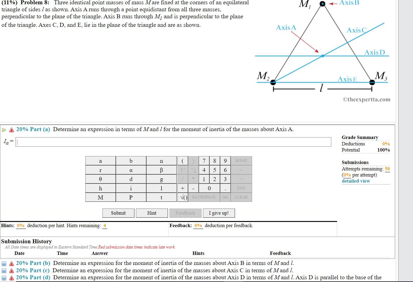 Solved M + - Axis B (11%) Problem 8: Three identical point | Chegg.com
