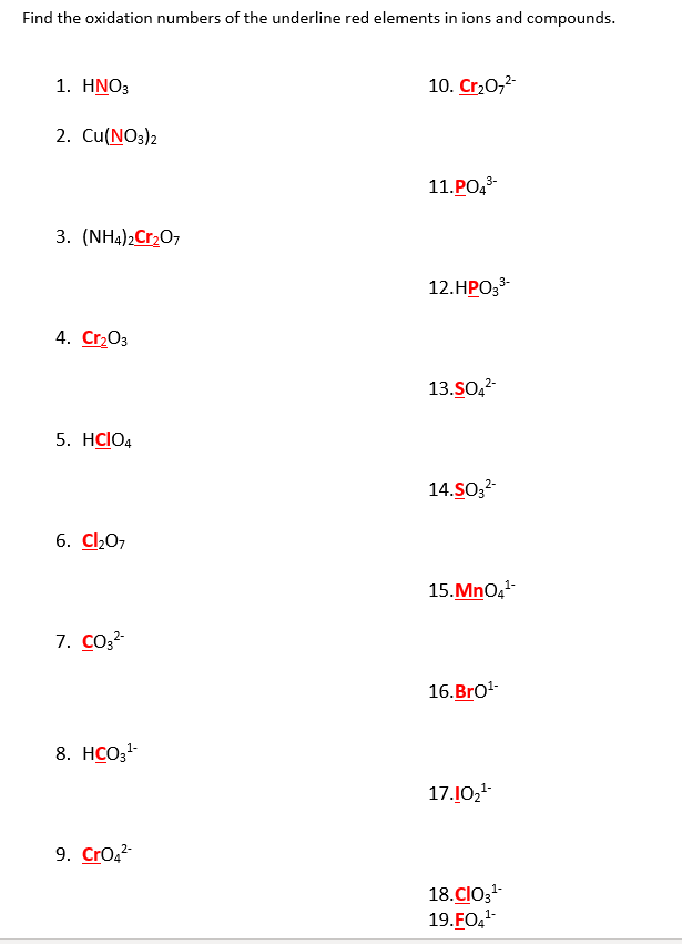 Solved Find the oxidation numbers of the underline red | Chegg.com