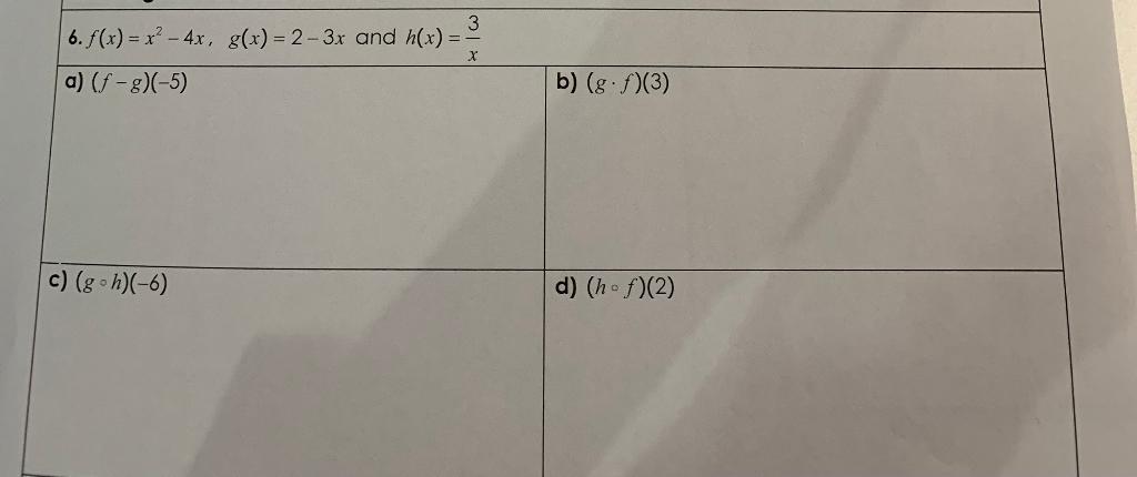 Solved 6. f(x)=x2−4x,g(x)=2−3x and h(x)=x3 a) (f−g)(−5) b) | Chegg.com Solved 6. f(x)=x2−4x,g(x)=2−3x and h(x)=x3 a) (f−g)(−5) b) | Chegg.com