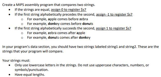 Create a MIPS assembly program that compares two | Chegg.com