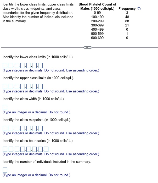 Solved Identify the lower class limits, ﻿upper class | Chegg.com