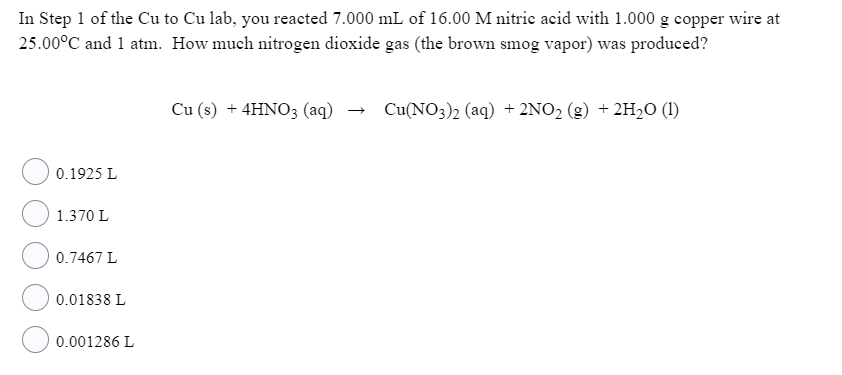Solved In Step 1 of the Cu to Cu lab, you reacted 7.000 mL | Chegg.com