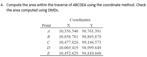 Solved 4. ﻿Compute the area within the traverse of ABCDEA | Chegg.com