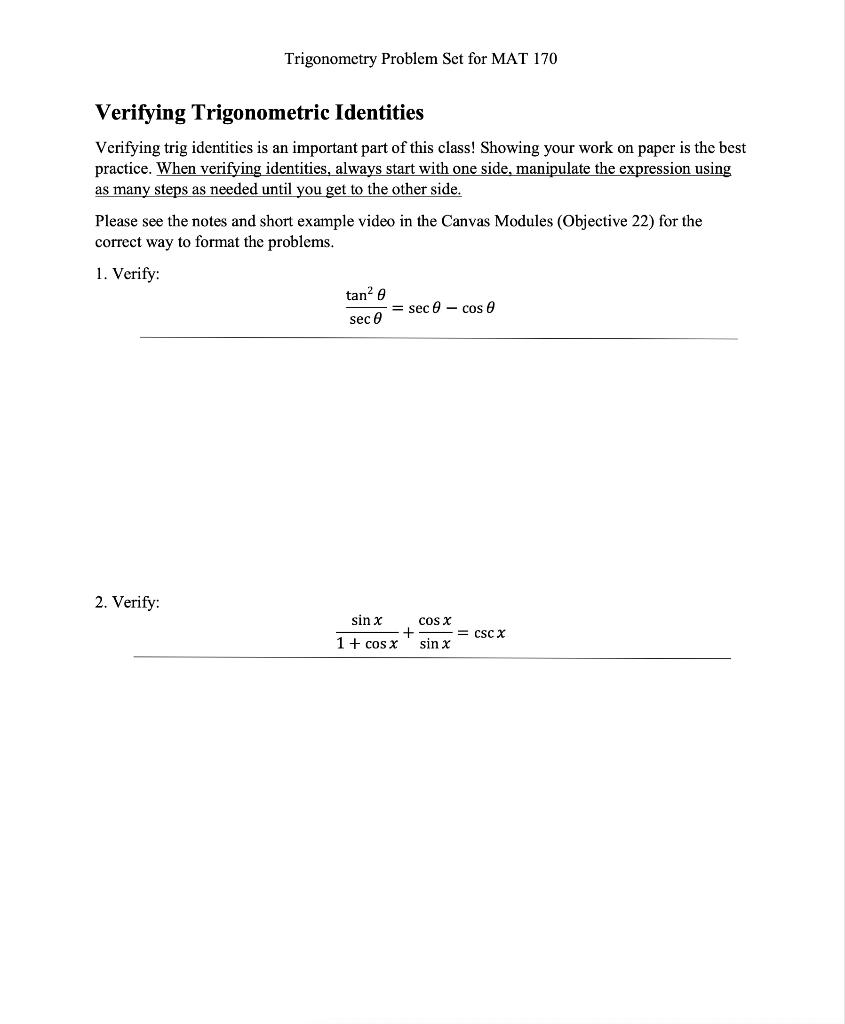 Solved Trigonometry Problem Set for MAT 170 Verifying | Chegg.com