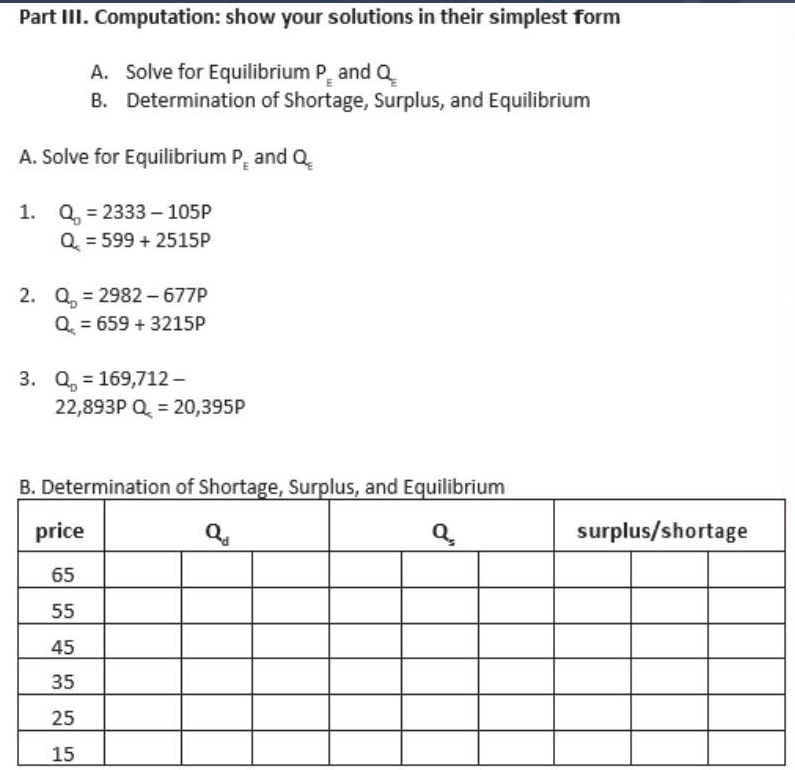 Solved Part III. Computation: show your solutions in their | Chegg.com