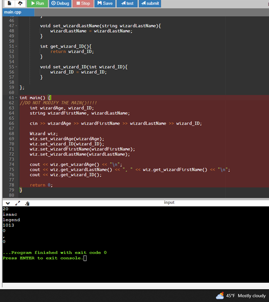 Solved g namespace std; eate your class Wizard here. Wtzard | Chegg.com