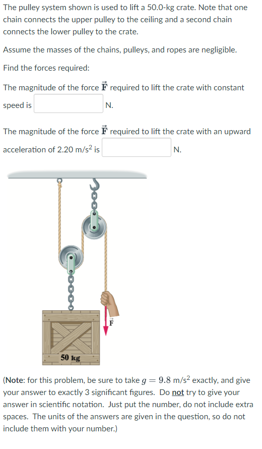 Solved The pulley system shown is used to lift a 50.0−kg | Chegg.com