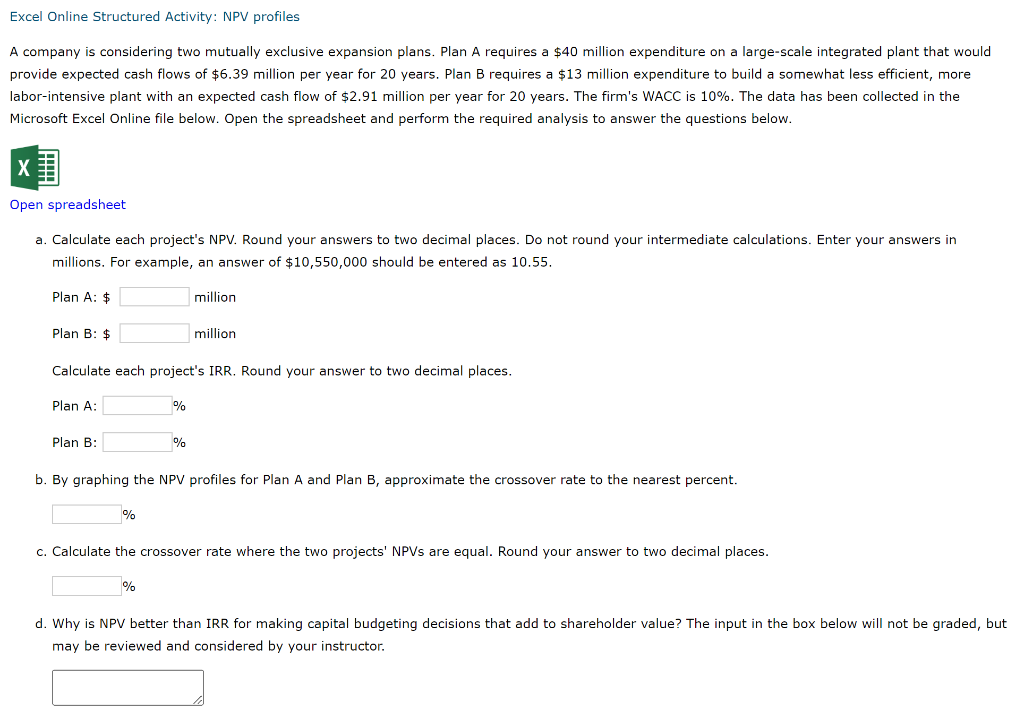 Solved Excel Online Structured Activity: NPV profiles A | Chegg.com