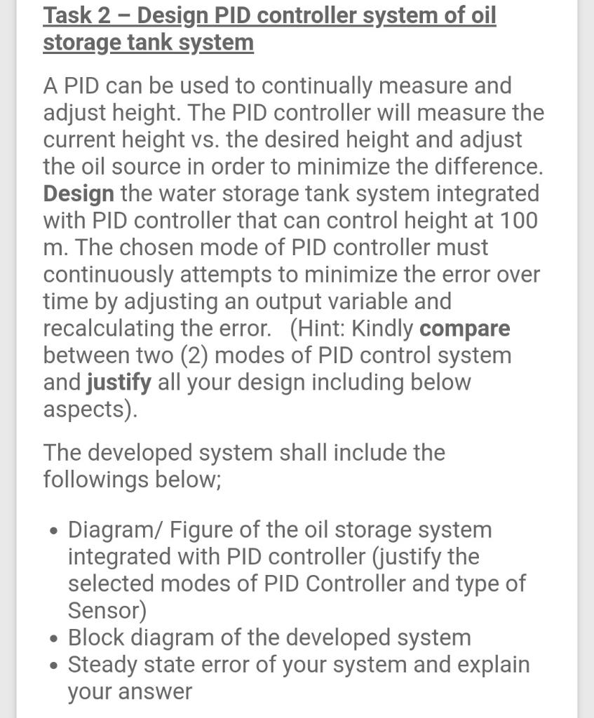 Solved Task 2 - Design PID controller system of oil storage | Chegg.com