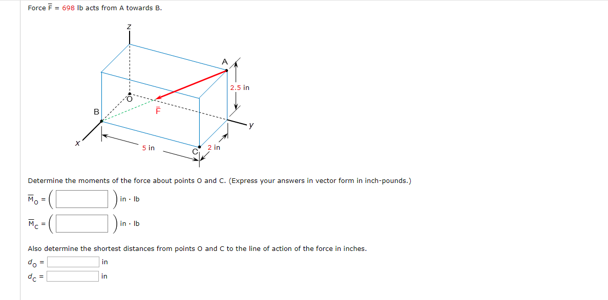 Solved Force F = 698 lb acts from A towards B. A 2.5 in 5 in | Chegg.com