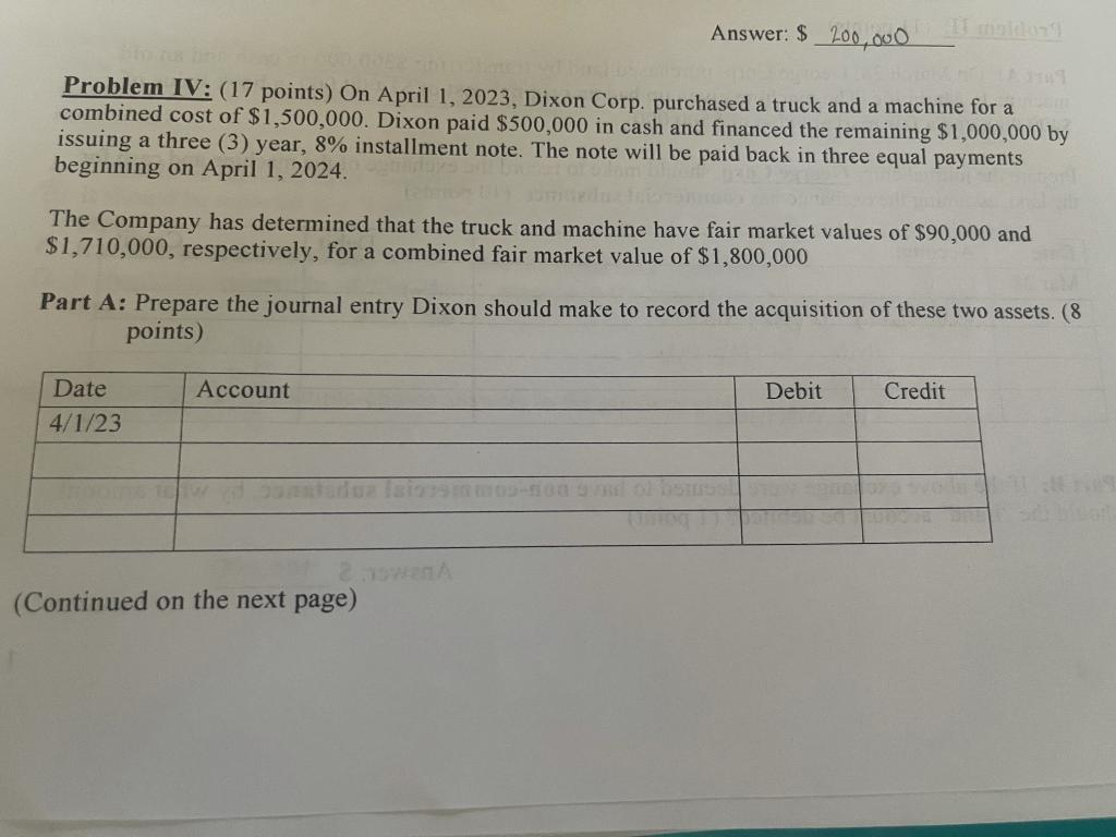 Problem IV: (17 points) On April 1, 2023, Dixon Corp. | Chegg.com