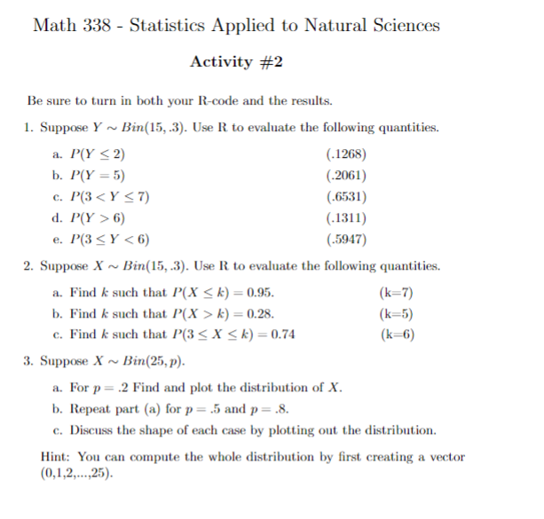 Solved Math 338 - Statistics Applied to Natural Sciences | Chegg.com