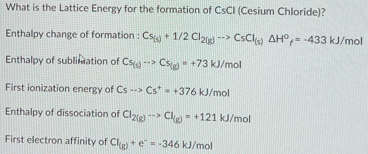 Solved What is the Lattice Energy for the formation of CsCl | Chegg.com