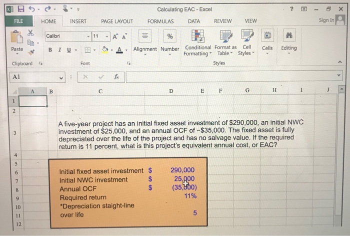 Solved Calculating EAC-Excel Sign In HOME INSERT PAGE | Chegg.com