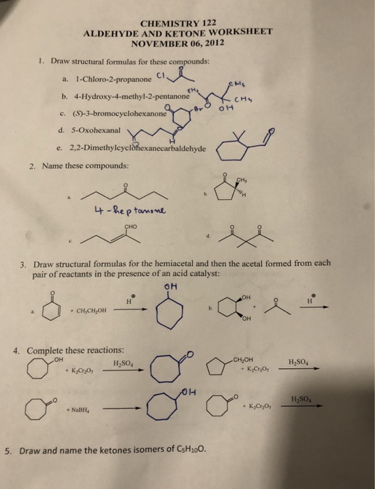 Solved CHEMISTRY 122 ALDEHYDE AND KETONE WORKSHEET NOVEMBER | Chegg.com