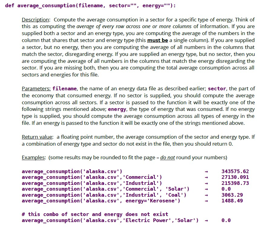 def average_consumption(filename, sector="", | Chegg.com