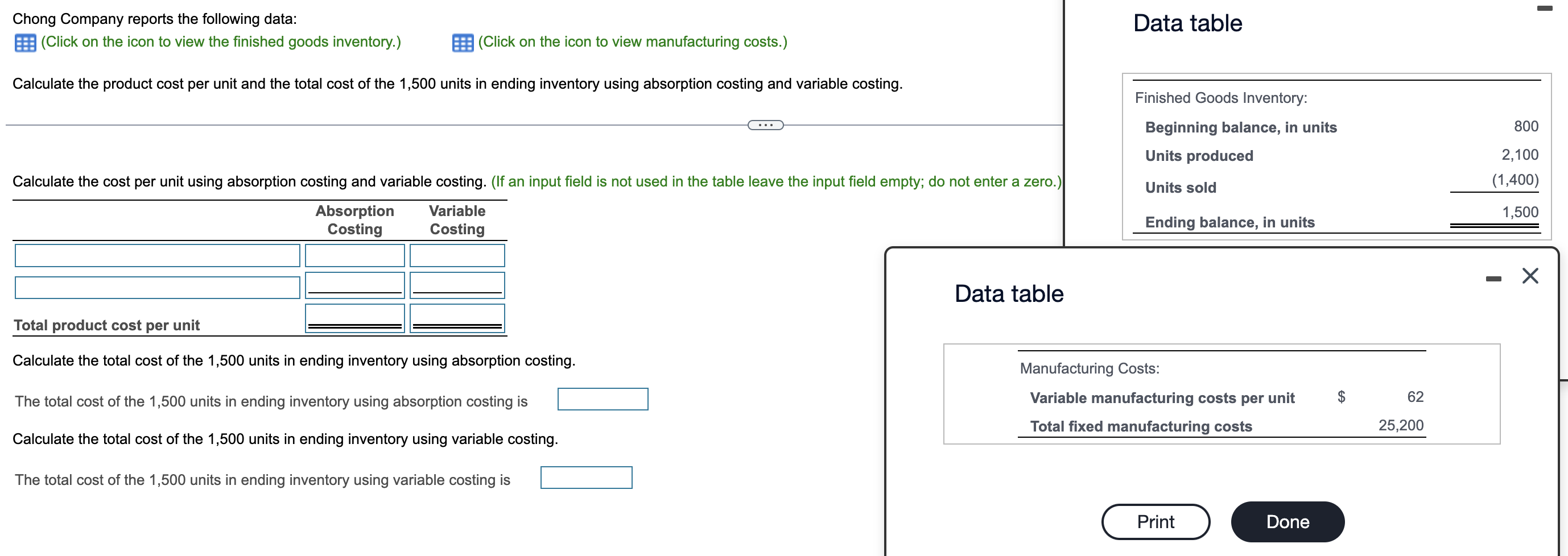 Solved Chong Company reports the following data: (Click on | Chegg.com