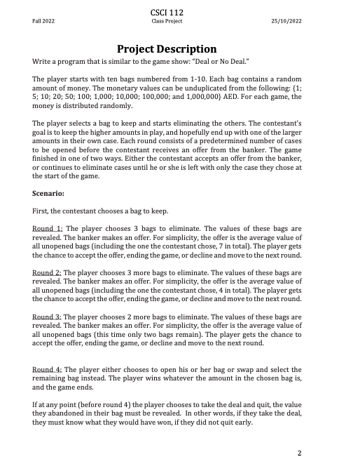 Solved CSCI 112 Fall 2022 Class Project 25/10/2022 Project | Chegg.com