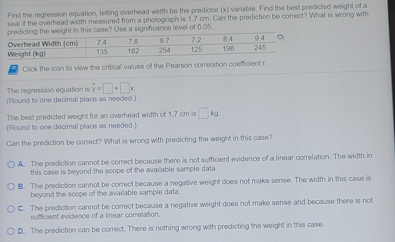 Solved Find the regression equation, letting overhead width | Chegg.com