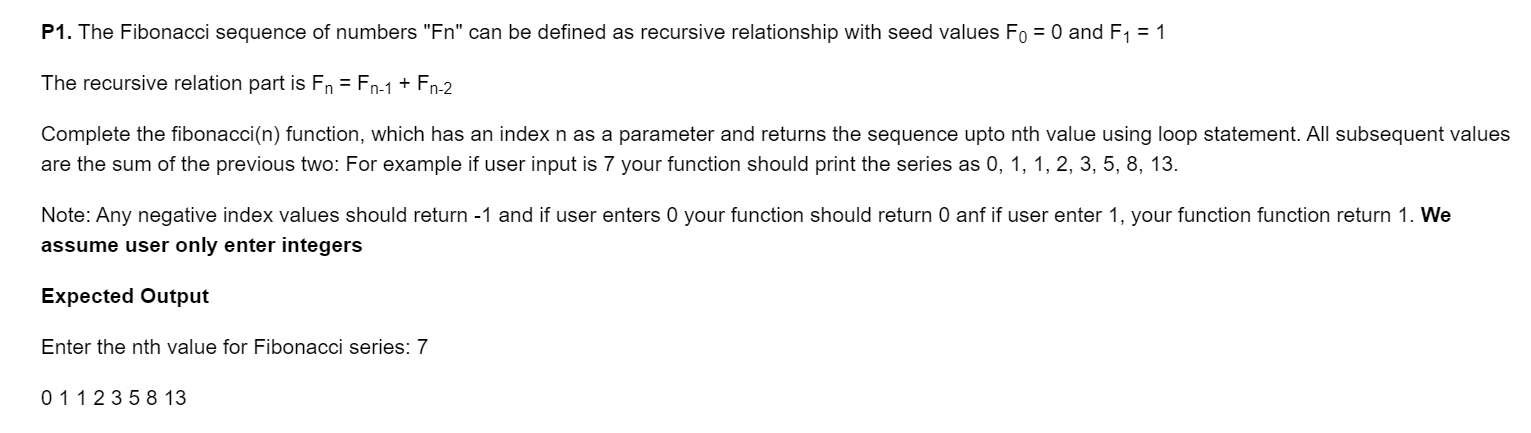 Solved P1. The Fibonacci sequence of numbers "Fn" can be | Chegg.com