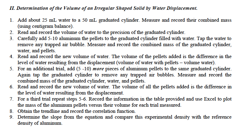 Solved II. Determination of the Volume of an Irregular | Chegg.com