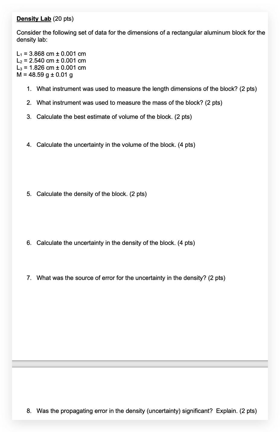 Solved Density Lab (20 pts) Consider the following set of | Chegg.com