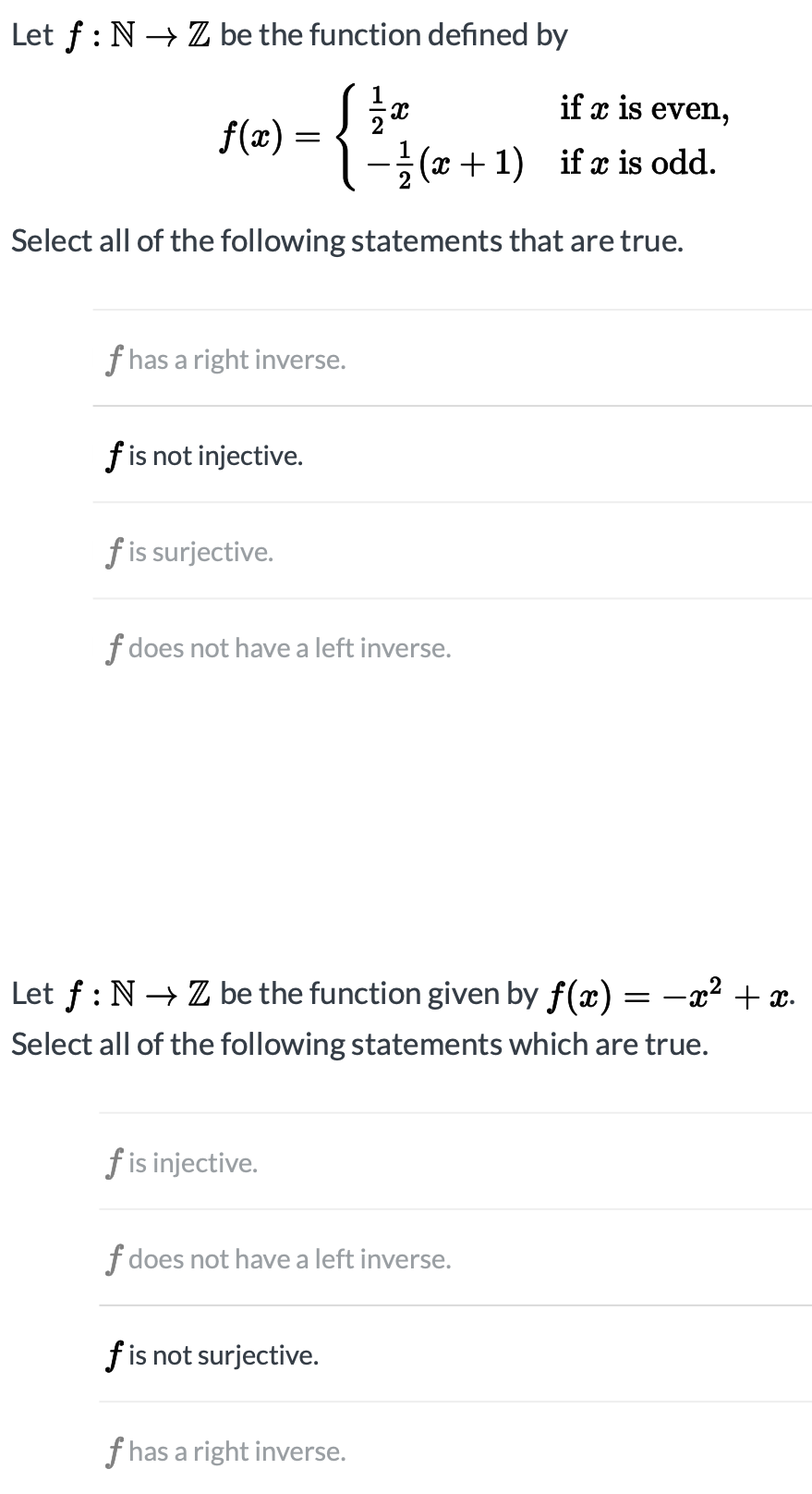 Solved Let f:N → Z be the function defined by SEX f(x) = - | Chegg.com